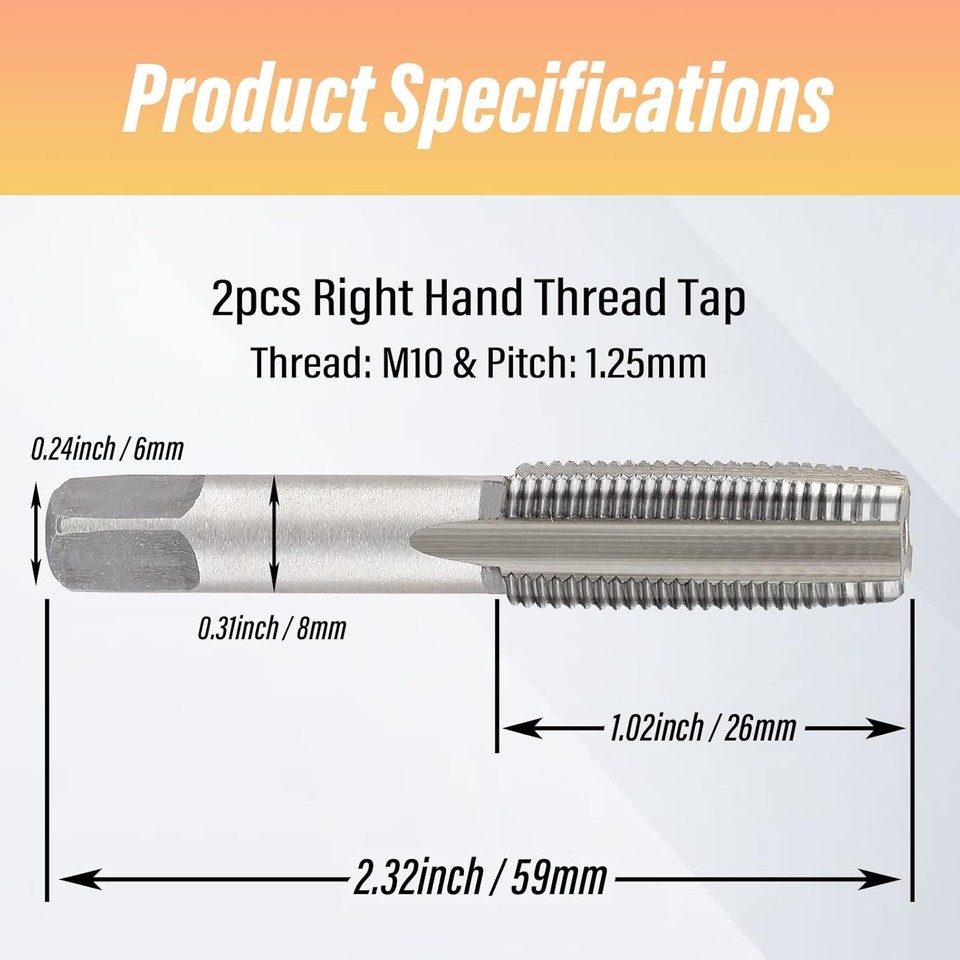 2pcs M10x1.25 HSS Right Hand Thread Tap Set Metric Taper & Plug Tapping ...