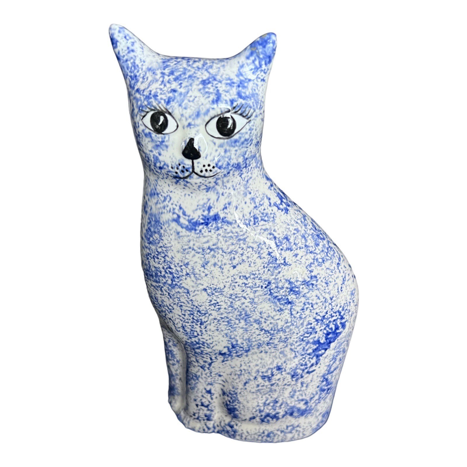 Vintage Blue Spongeware Cat Statue Hand Painted Ceramic Blue White ...