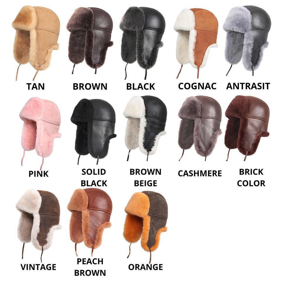 Aviator Trapper Ushanka Leather Shearling Sheepskin Fur Hat - Tan | eBay