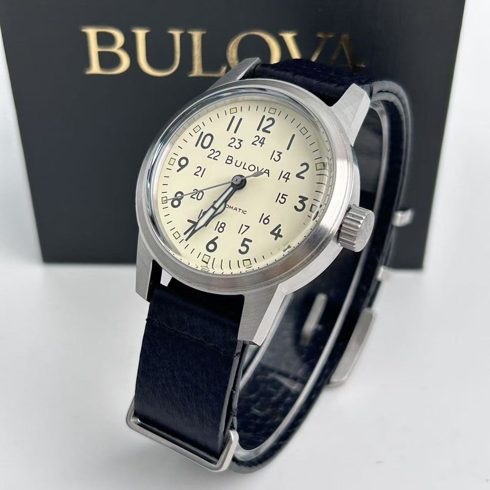 New Bulova Hack 96A246 Men's Automatic Watch Ivory Dial Black Leather ...