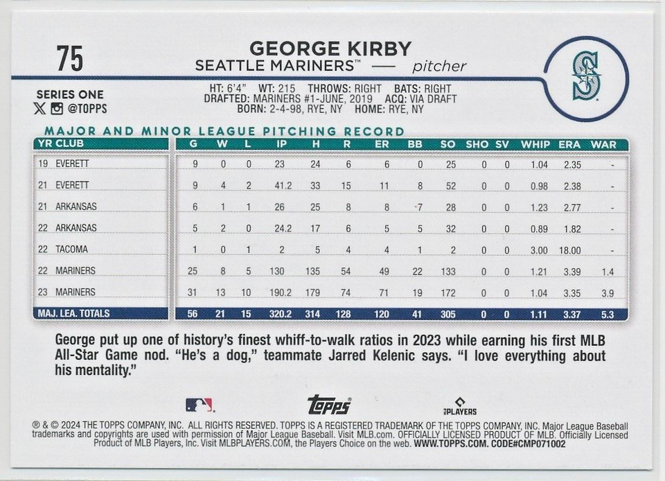 2024 Topps Series 1 - George Kirby - Seattle Mariners - Base - #75 | eBay