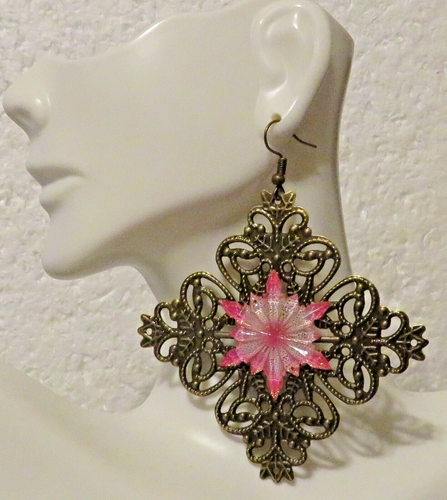 Large Rumba Bronze Filigree Dangle Earrings & Pink Starburst Center 3x3 ...