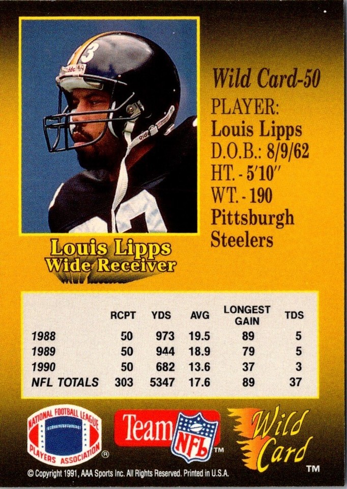 1991 Wild Card Louis Lipps #50 Pittsburgh Steelers Football Card | eBay