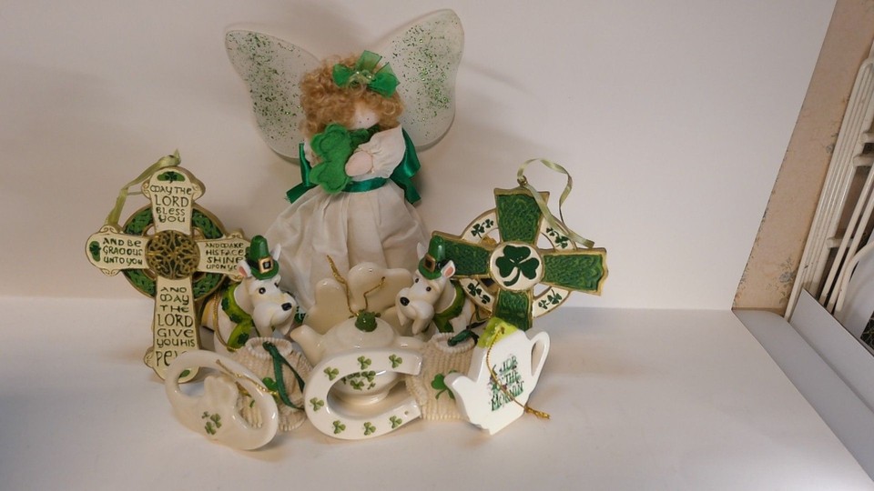 Lot of Irish Ceramic St Patrick’s Day Ornaments ~ Shamrock Cross Angel ...