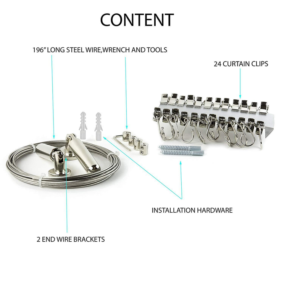 Curtain Wire Set 24 Clips Stainless Steel Multi-purpose Hang Photos or ...