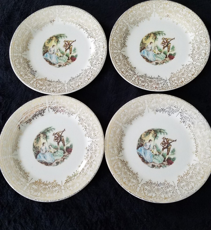 4 American Limoges Courting Scene Triumph China 24k Gold Trim Bread ...
