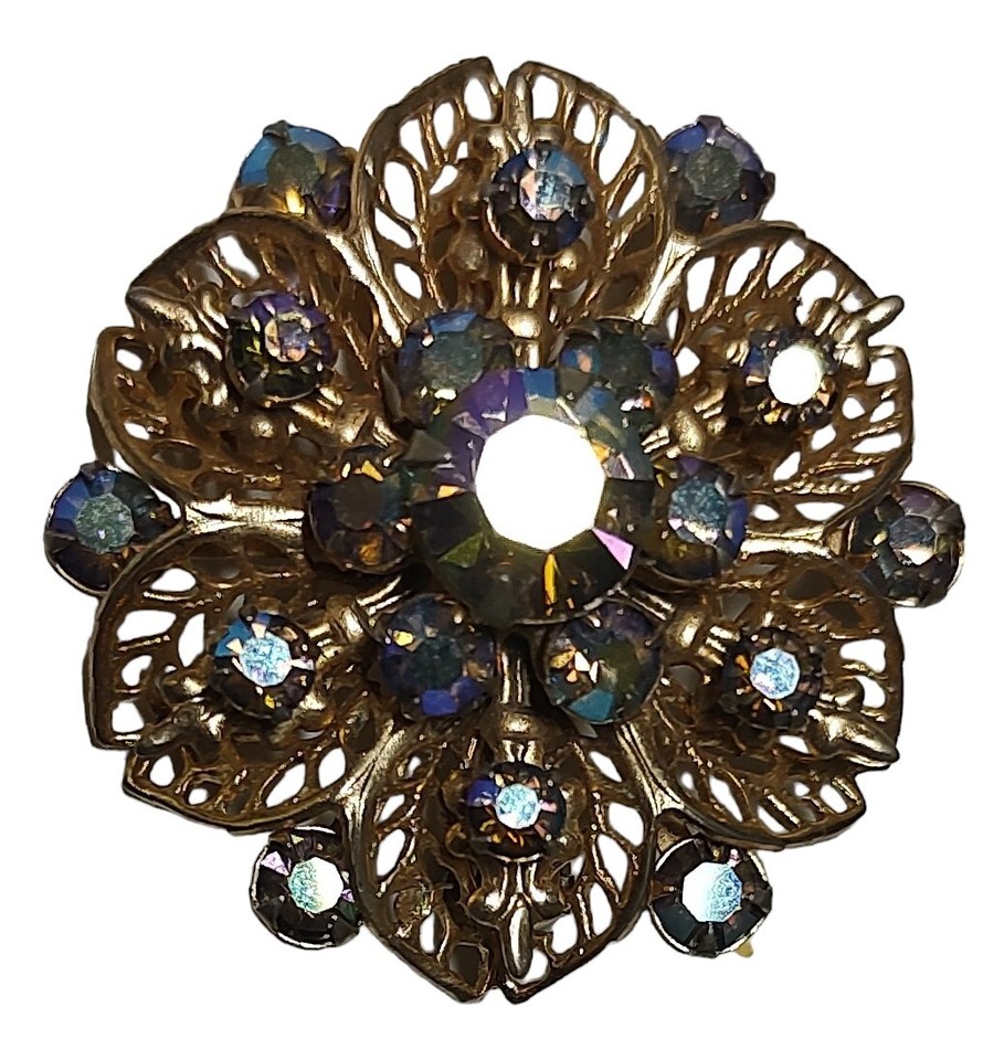 Vintage Brooch Pin Blue Purple Aurora Borealis Goldtone Fillagree ...