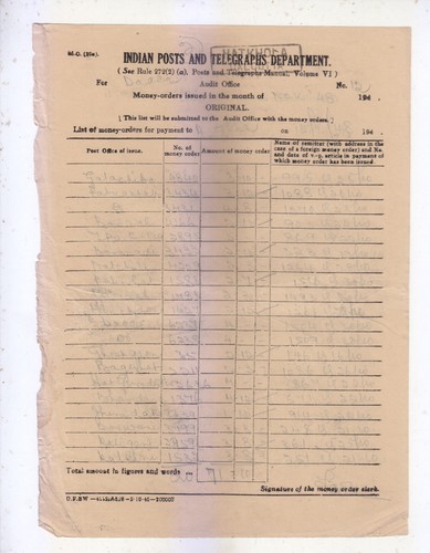 INDIAN POST OFFICE MONEY-ORDER ISSUES ON OLD DOCUMENT COLLECTION . | eBay