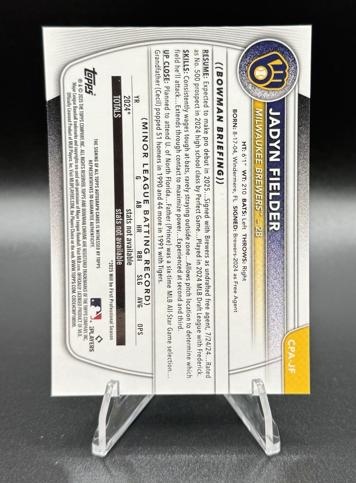 2025 Bowman Chrome Jadyn Fielder True Blue Auto /150 Brewers 1st ...