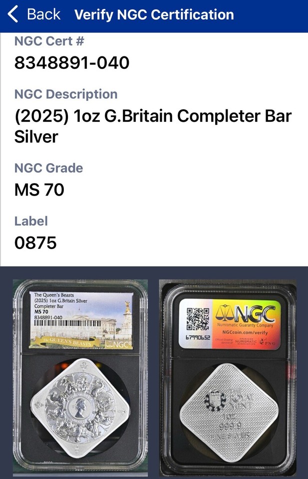 2025 Queen’s Beasts COMPLETER 1 oz Silver Bar Queen’s Beasts Label NGC ...