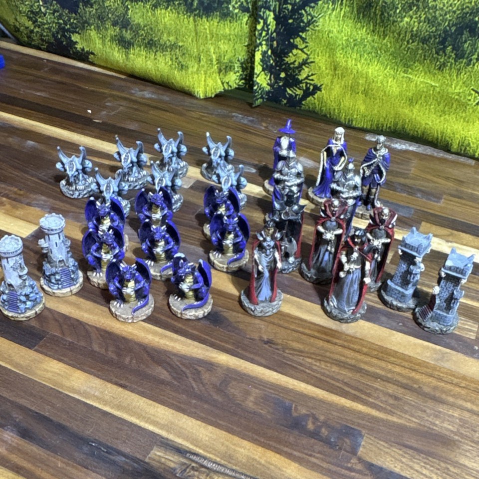 Fantasy Dragons & Wizards Resin Chess Pieces Set Purple Silver Red Gray ...