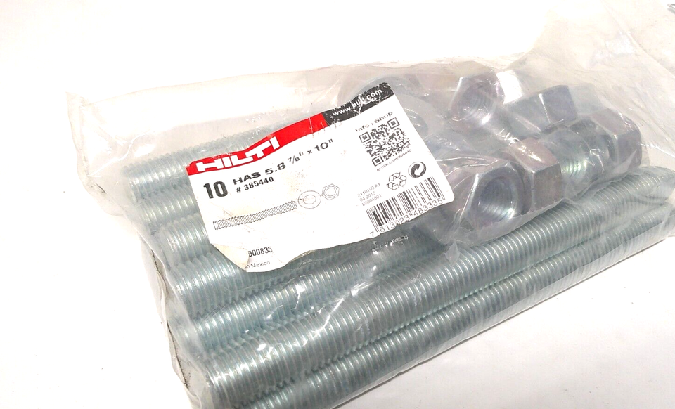 Hilti Anchor Rods #385440 7/8" x 10" W/Nuts & Washers - Lot of 10 LOC ...