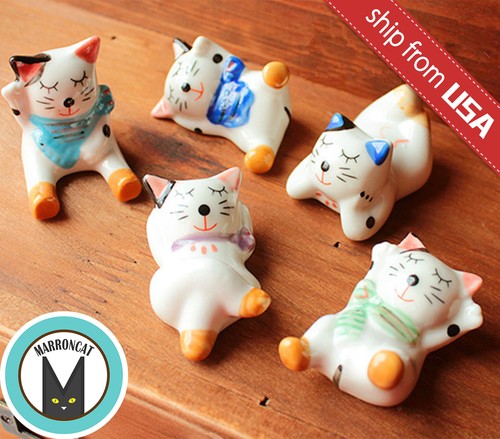 Lot 5pcs Sleepy Cat Kitty Japan Ceramic Chopstick Rest Holder hashioki ...