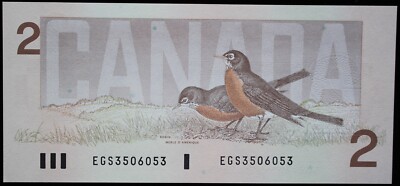 1986 BANK OF CANADA $2 RADAR - 4 DIGIT BANK NOTE - Prefix EGS - Bonin ...
