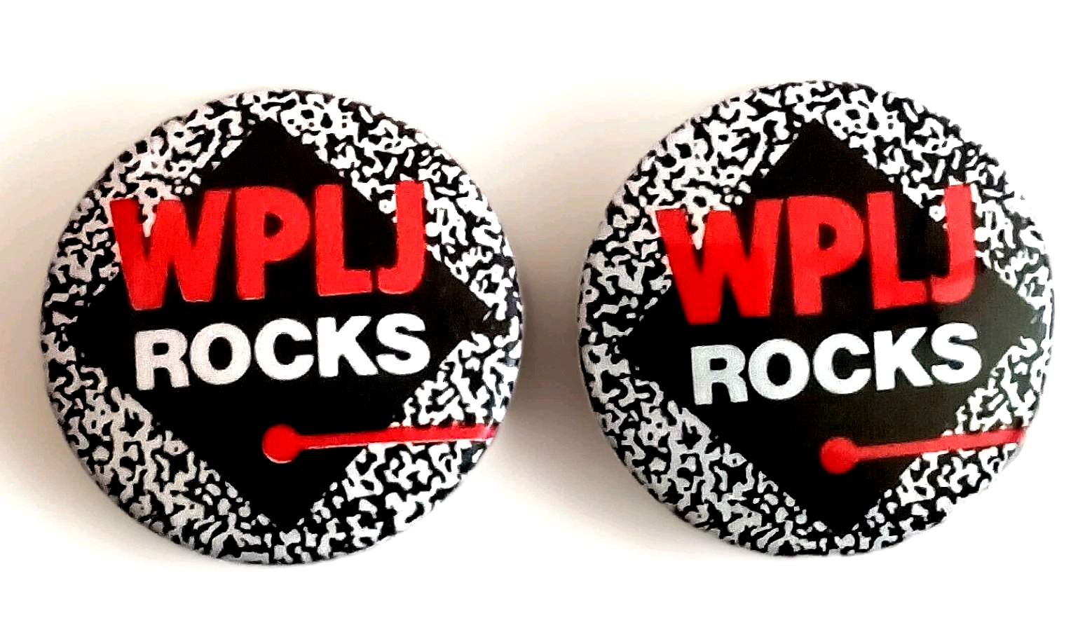 2 Vtg WPLJ Rocks NY Music Radio Station Tin Litho Promo Button Pin NOS ...