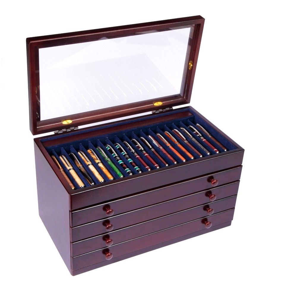 Mahogany Wooden Pen Chest With Glass Top - 76 Pens Display Case ...