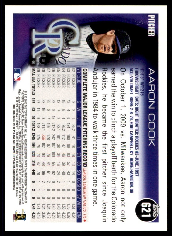 2010 TOPPS #621 AARON COOK COLORADO ROCKIES | eBay