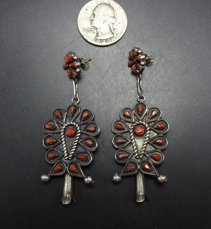 TOM LONG Navajo VINTAGE SterlingSilver OLD RED MED CORAL Squash Blossom ...