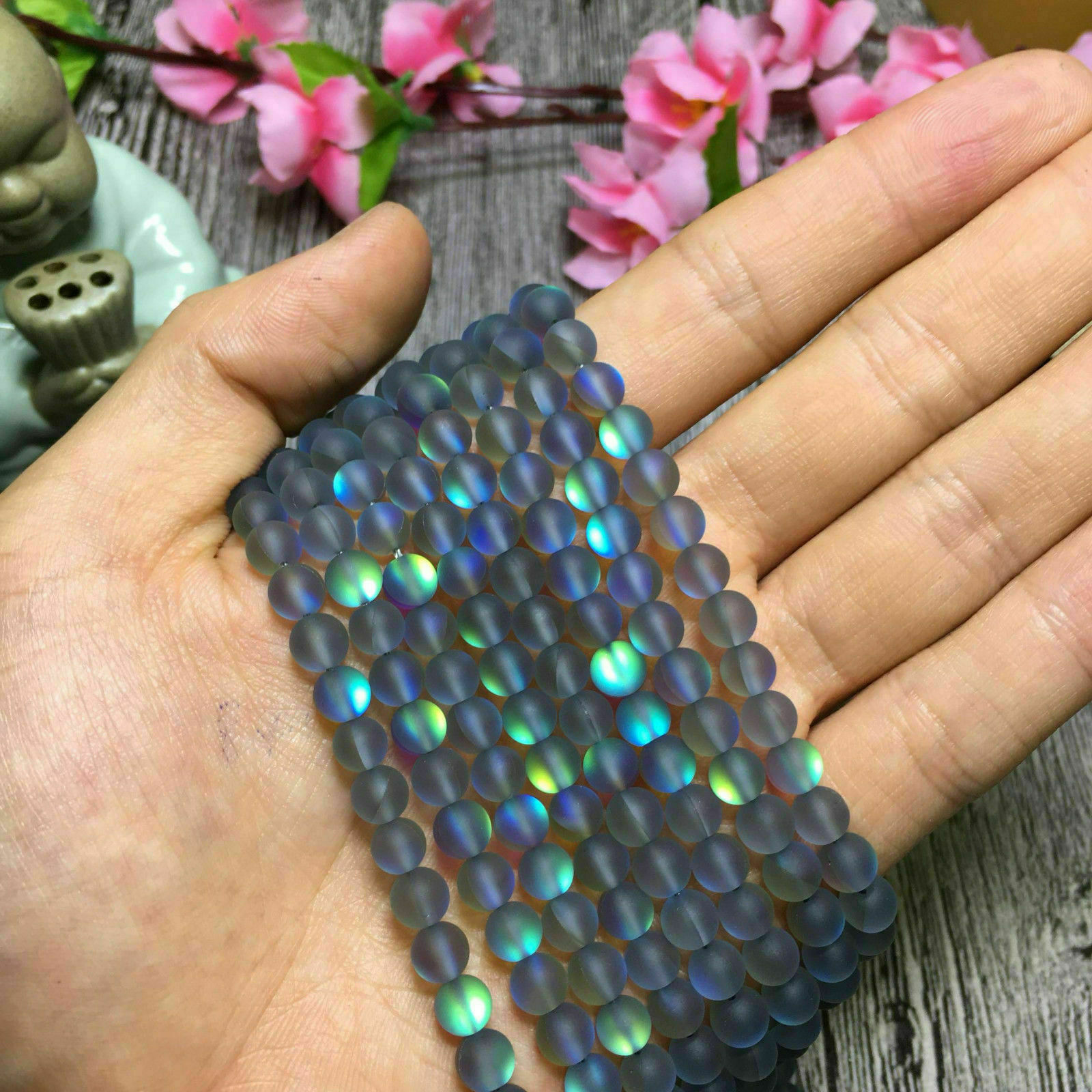 Natural 6/8/10/12mm Gray Gleamy Rainbow Moonstone Round Gems Loose ...