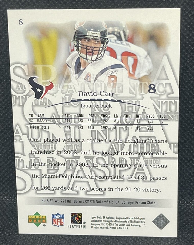 David Carr 2003 SP Authentic #8 Houston Texans | eBay