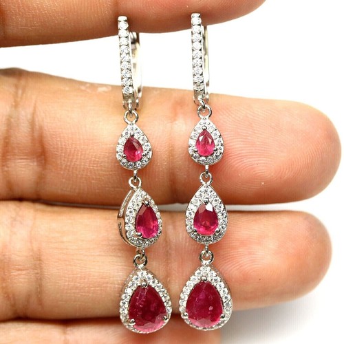 925 Silver Pear Cut Simulated Pink Ruby Drop Earrings In 14k White Gold ...