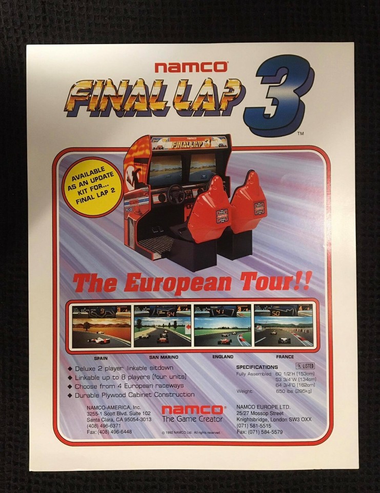 RARE VINTAGE ARCADE MACHINE FLYER – FINAL LAP 3 – GAME, NAMCO 1992. | eBay