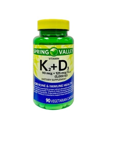 Spring Valley Vitamin K2 (90mcg) + D3 (125mcg) Vegetarian Capsules 90 ...