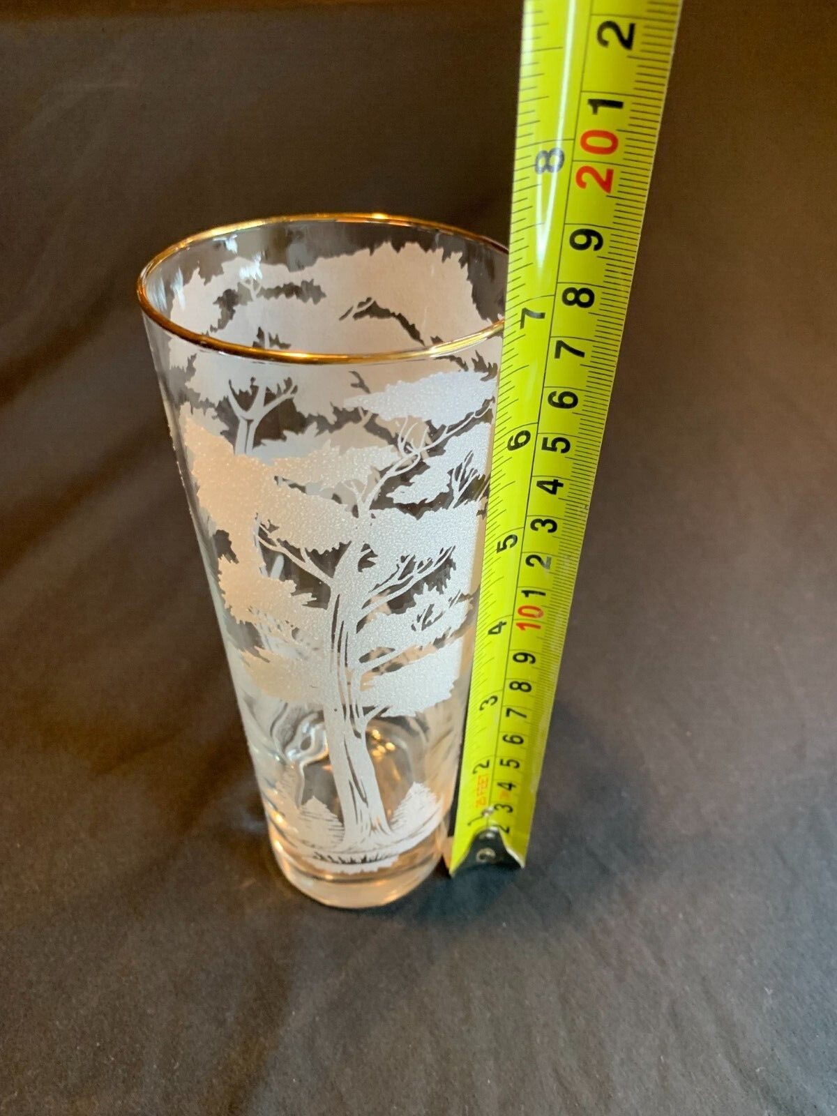 VINTAGE GOLD RIMMED HIGHBALL SET OF TWO GLASSES. FROSTED FOREST SCENE ...