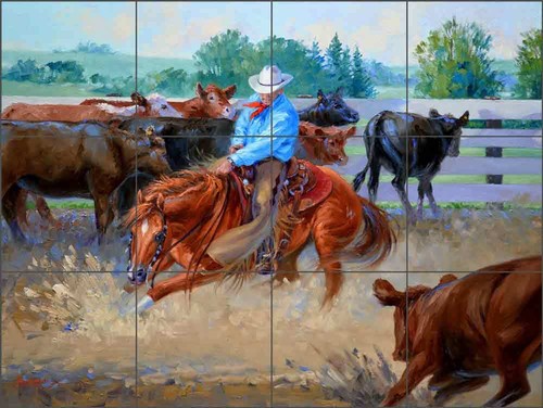 Cowboy Tile Backsplash Ceramic Mural Senkarik Western Cattle Roping Art ...