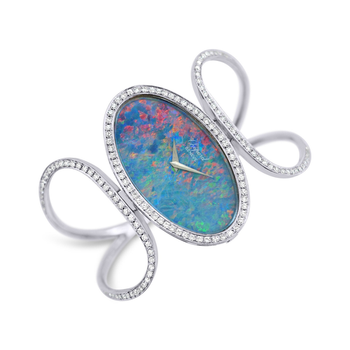 18K White Gold Oversized Chopard Opal Diamond Bangle Bracelet Watch ...