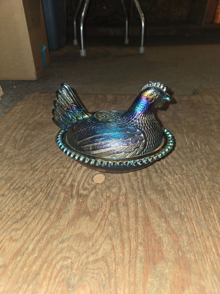 Vintage Indiana Glass Iridescent Carnival Blue Hen on Nest Covered ...