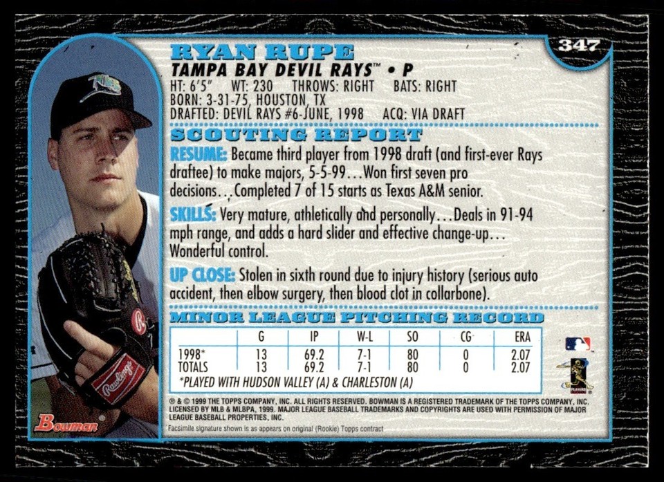 1999 Bowman Chrome Ryan Rupe Rookie Tampa Bay Devil Rays #347 | eBay