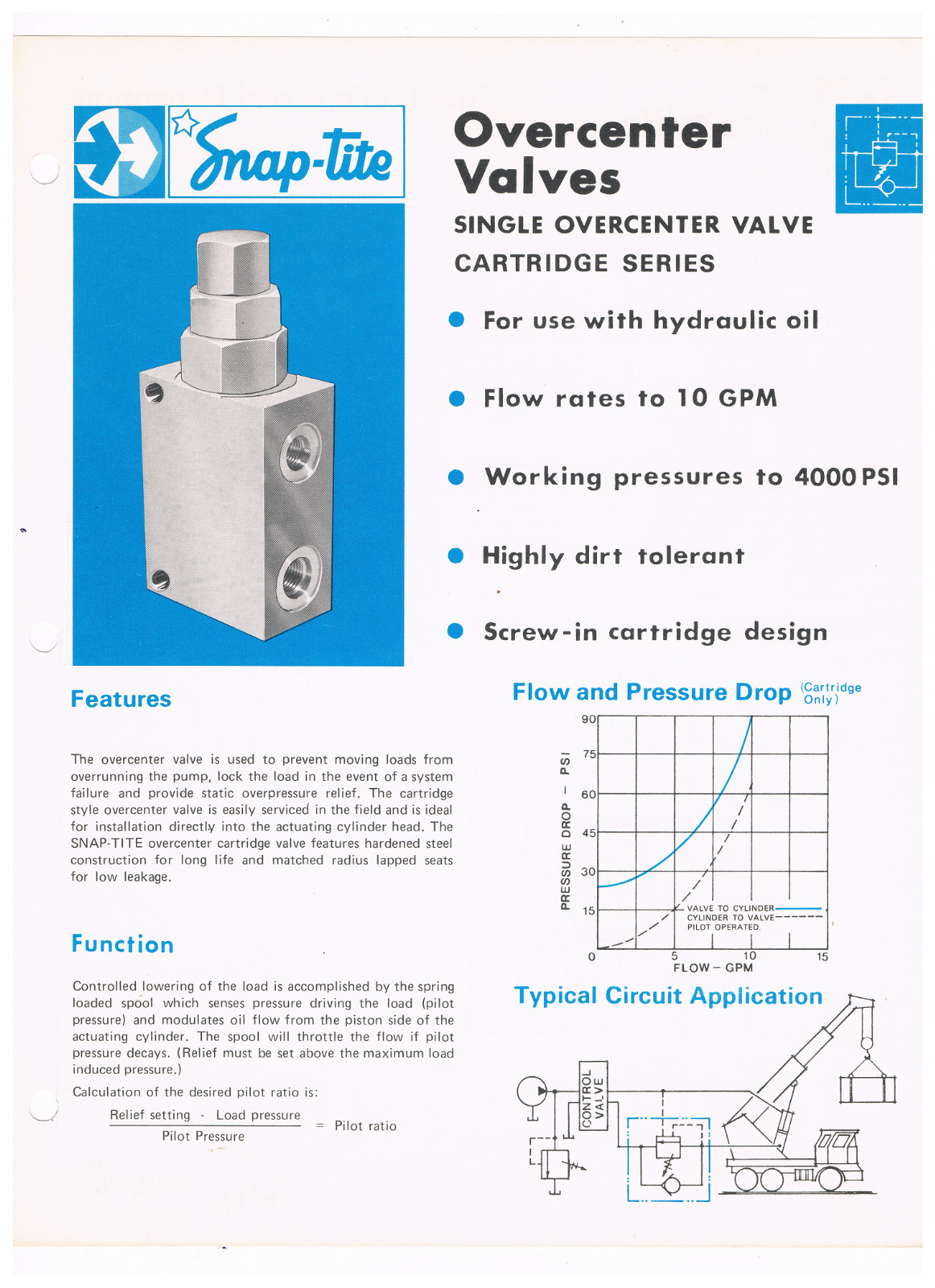 SNAP TITE INC MHV10-T4P-40A-4 Single Over Center Valve (Counter Balance ...