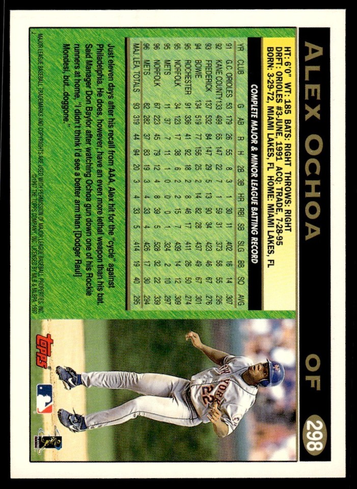 1997 Topps Baseball Card Alex Ochoa ere New York Mets #298 | eBay