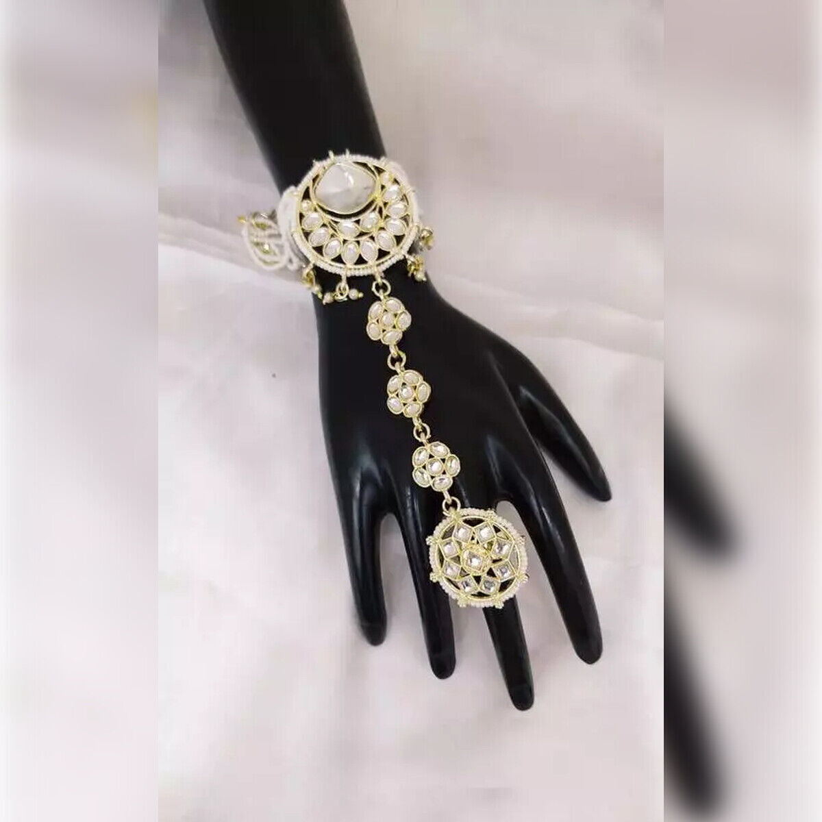 Indian Ethnic Gold Plated Bridal White Hath Phool Pearl Hand Bracelet ...