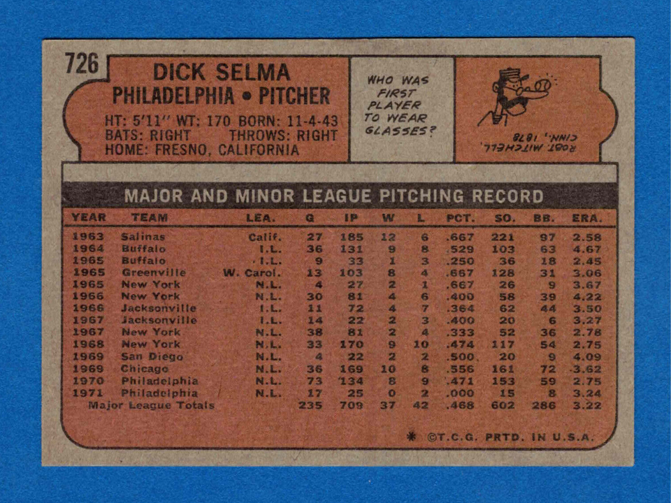 1972 TOPPS #726 DICK SELMA PHILADELPHIA PHILLIES HIGH NUMBER CARD -- EX MINT | eBay