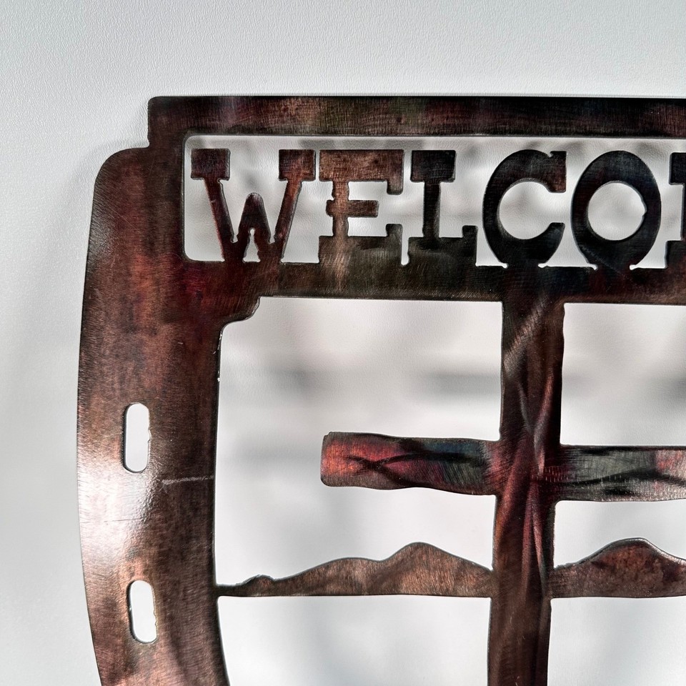 Welcome Sign Metal Art Horseshoe Cross Large Outdoor Decor Western ...