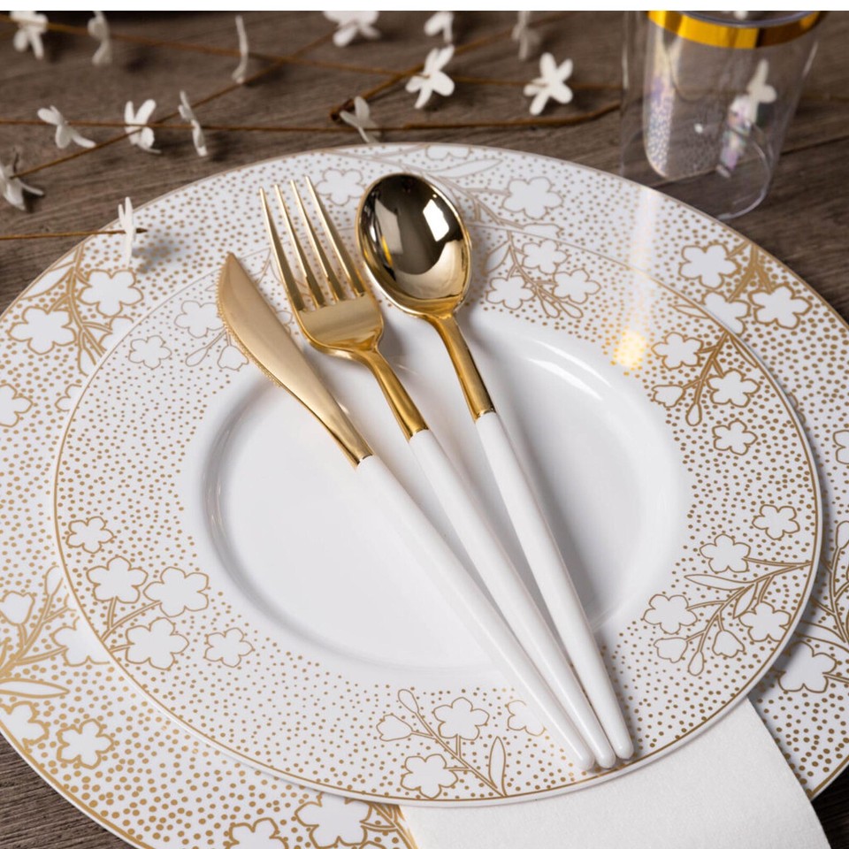 11.7" Disposable Fancy Plastic White Dinner Plate Gold Blossom ...