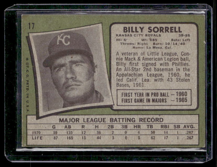 1971 Topps #17 Billy Sorrell Kansas City Royals EX+ Baseball Card *B253 ...
