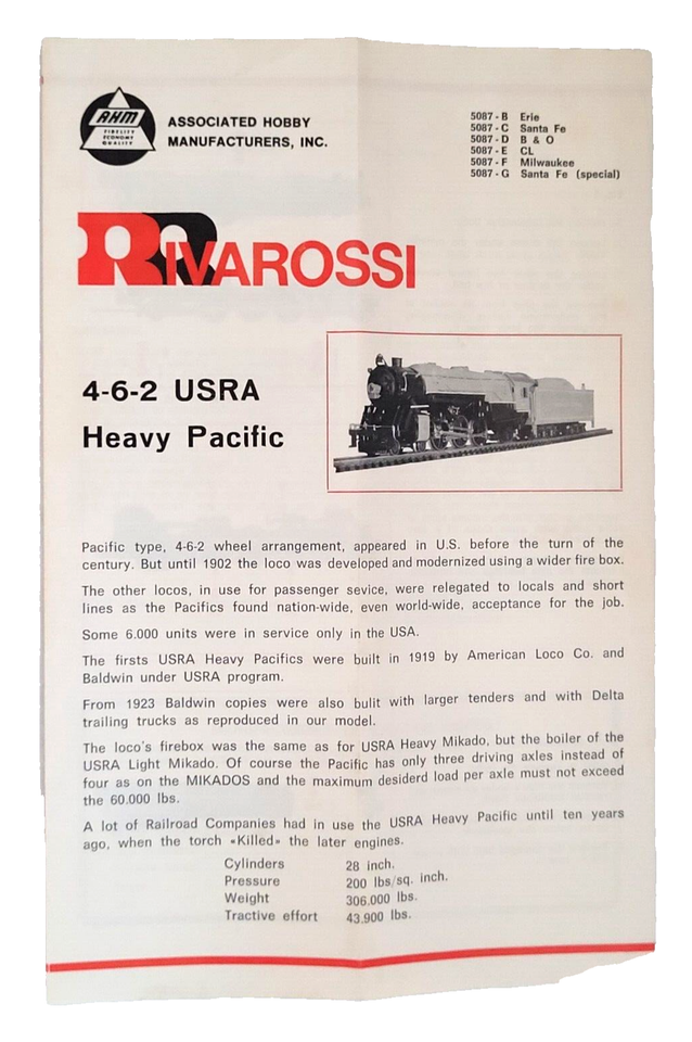 AHM Rivarossi Italy 5087C HO Heavy Pacific 4-6-2 ATSF #3423 New Other ...