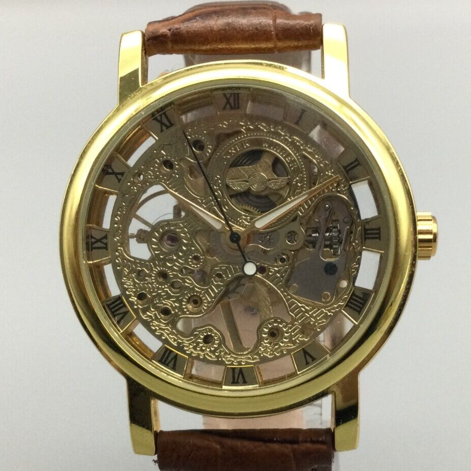 Winner Skeleton Watch Men 40mm Gold Tone Brown Leather Band Manual Wind ...