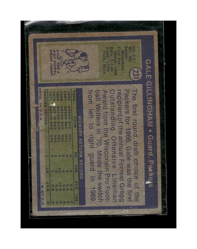 1972 Topps #231 Gale Gillingham Green Bay Packers Card FOOTBALL | eBay