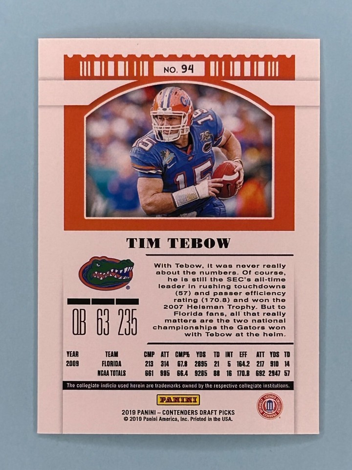 Tim Tebow 2019 Panini Contenders Draft Tickets Season Ticket #94 ...