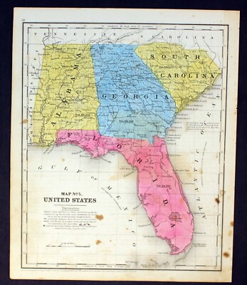1848 Map Florida Georgia Alabama South Carolina Hand Colored Steel ...