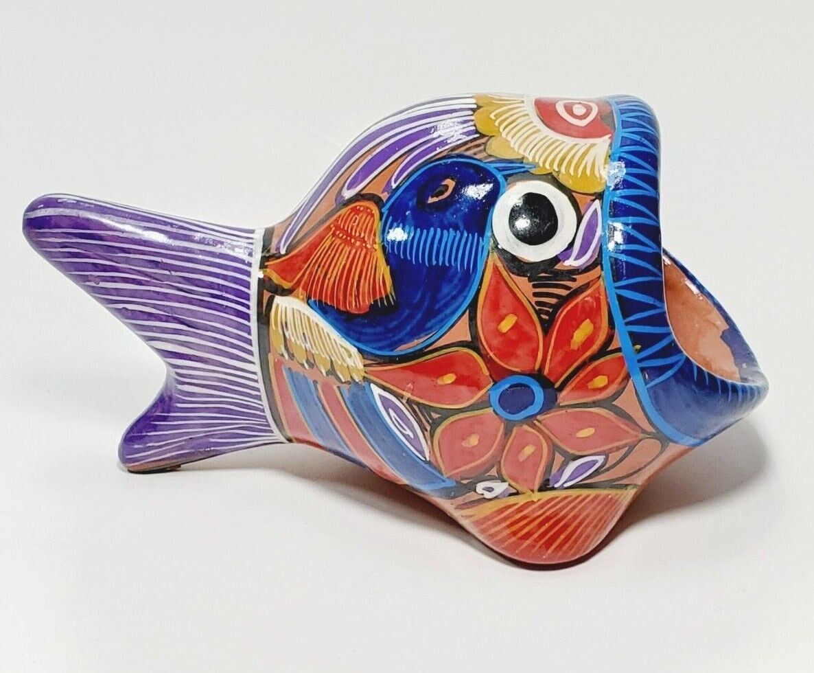 Lot Two (2) Terra Cotta Mexican Folk Art Pottery Hand Painted Fish | eBay