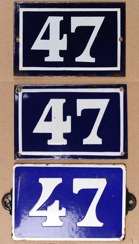 Old blue French house number 47 door gate plate plaque enamel steel ...