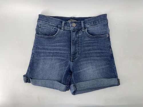Express Midi Stretch Cuffed Shorts Womens Size 4 Blue Denim High Rise ...