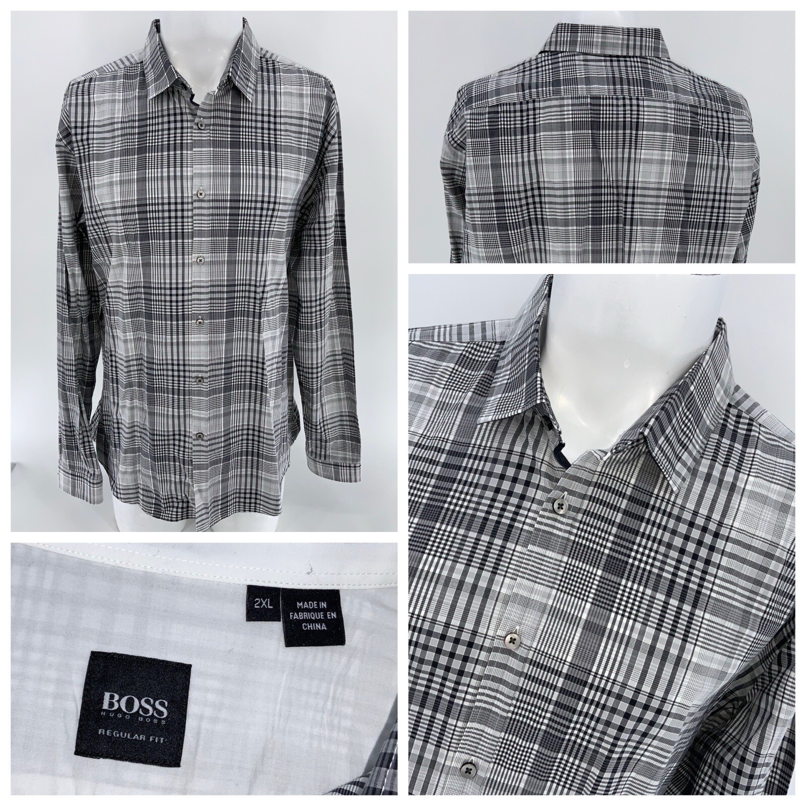 Hugo Boss Button Up Shirt XXL Men Gray Black Plaid Cotton Regular Fit ...