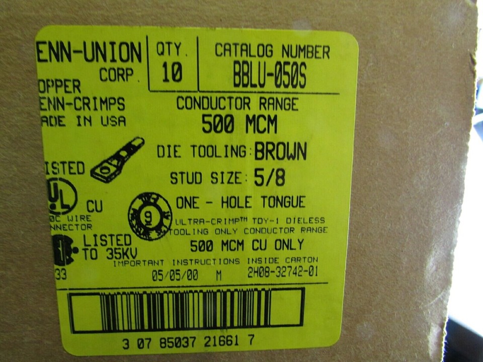 Penn-Union Copper Electrical Crimp Lugs, 500 MCM 5/8" Stud Brown Die ...