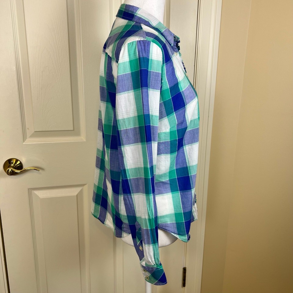 Talbots Spring Plaid Button Down Shirt Ruffle Size Medium Petite EUC | eBay
